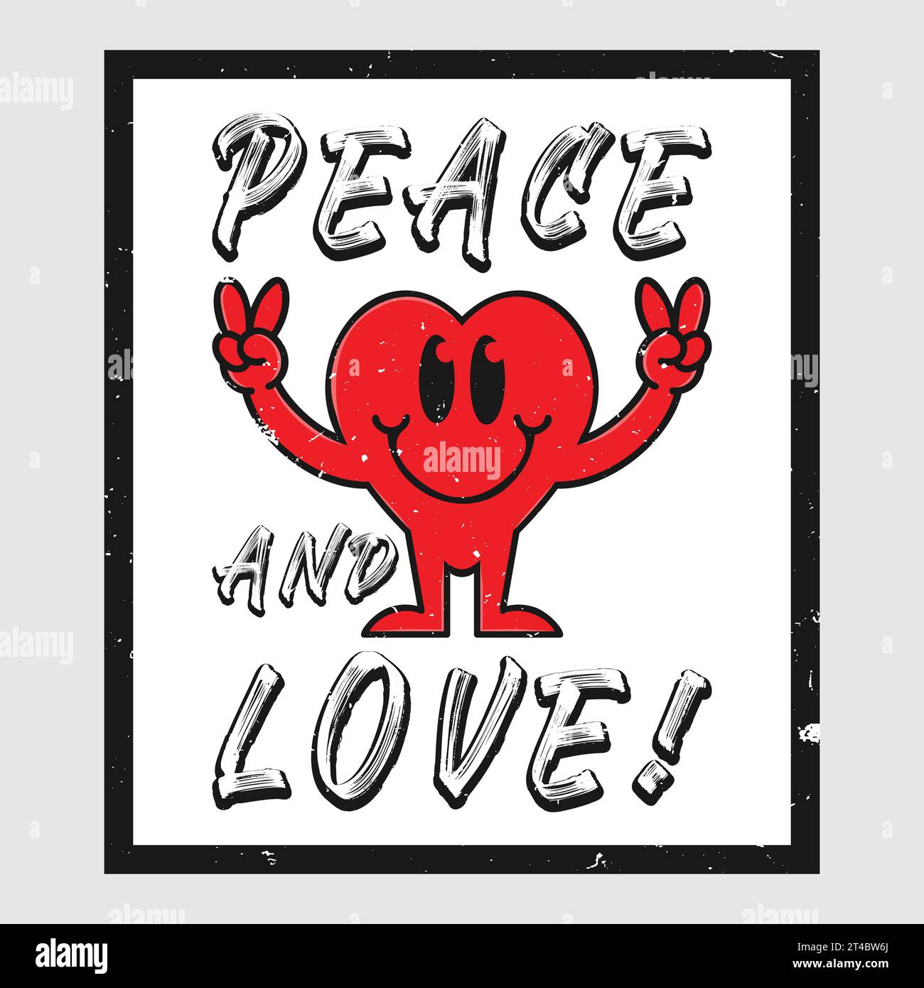 Heart emoji cartoon with peace and love phrase. Grunge texture style ...