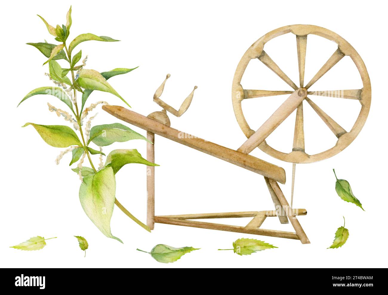 Hand drawn watercolor spinning wheel with nettle leaves on stalk ...