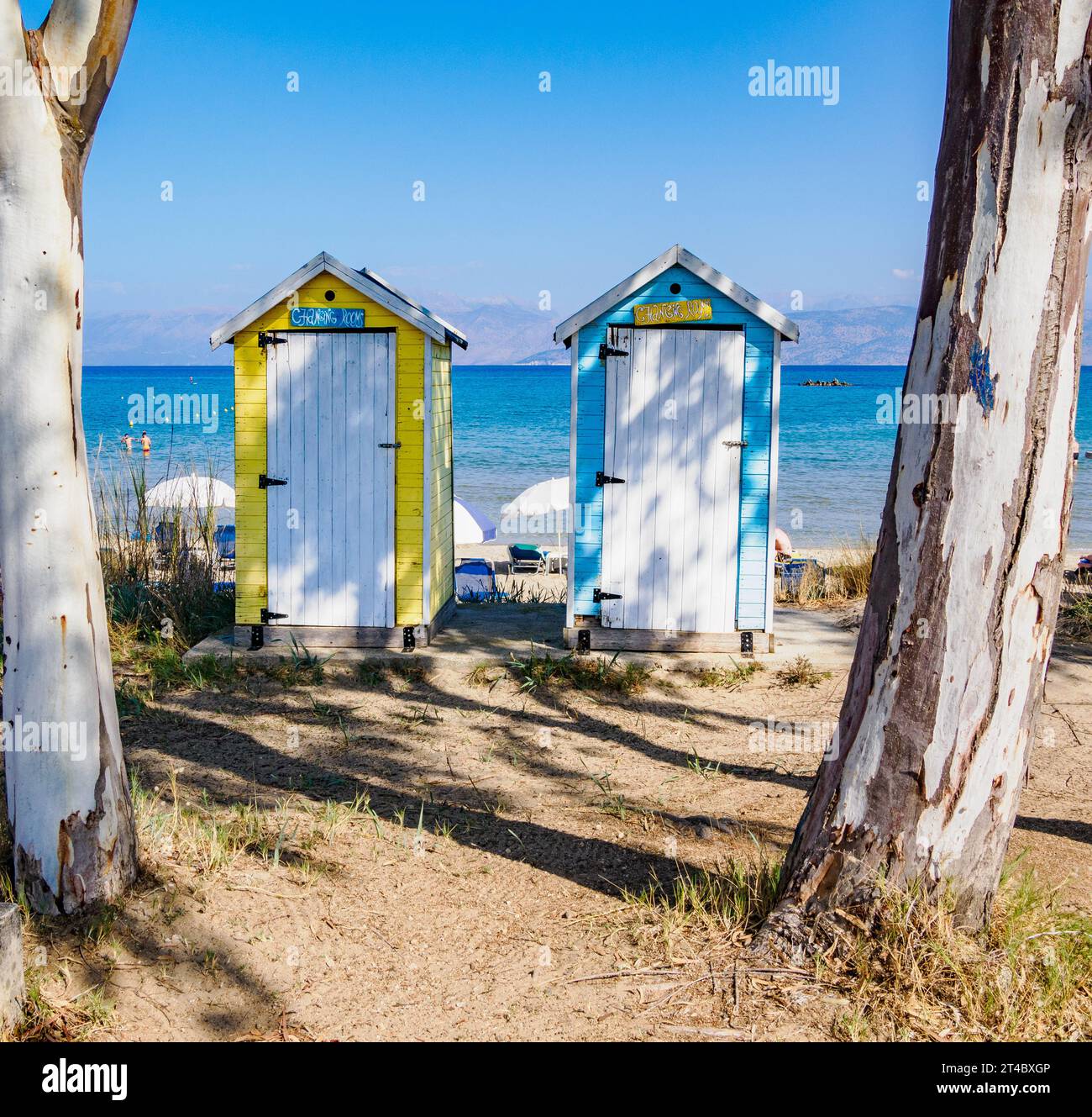 Beach changing huts at Agios Spiridonas on the north coast of Corfu in ...