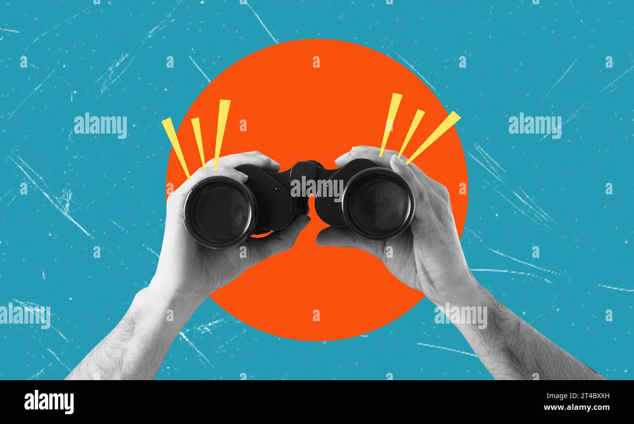 Planning and analytics, art collage. Hands holding binoculars on blue ...