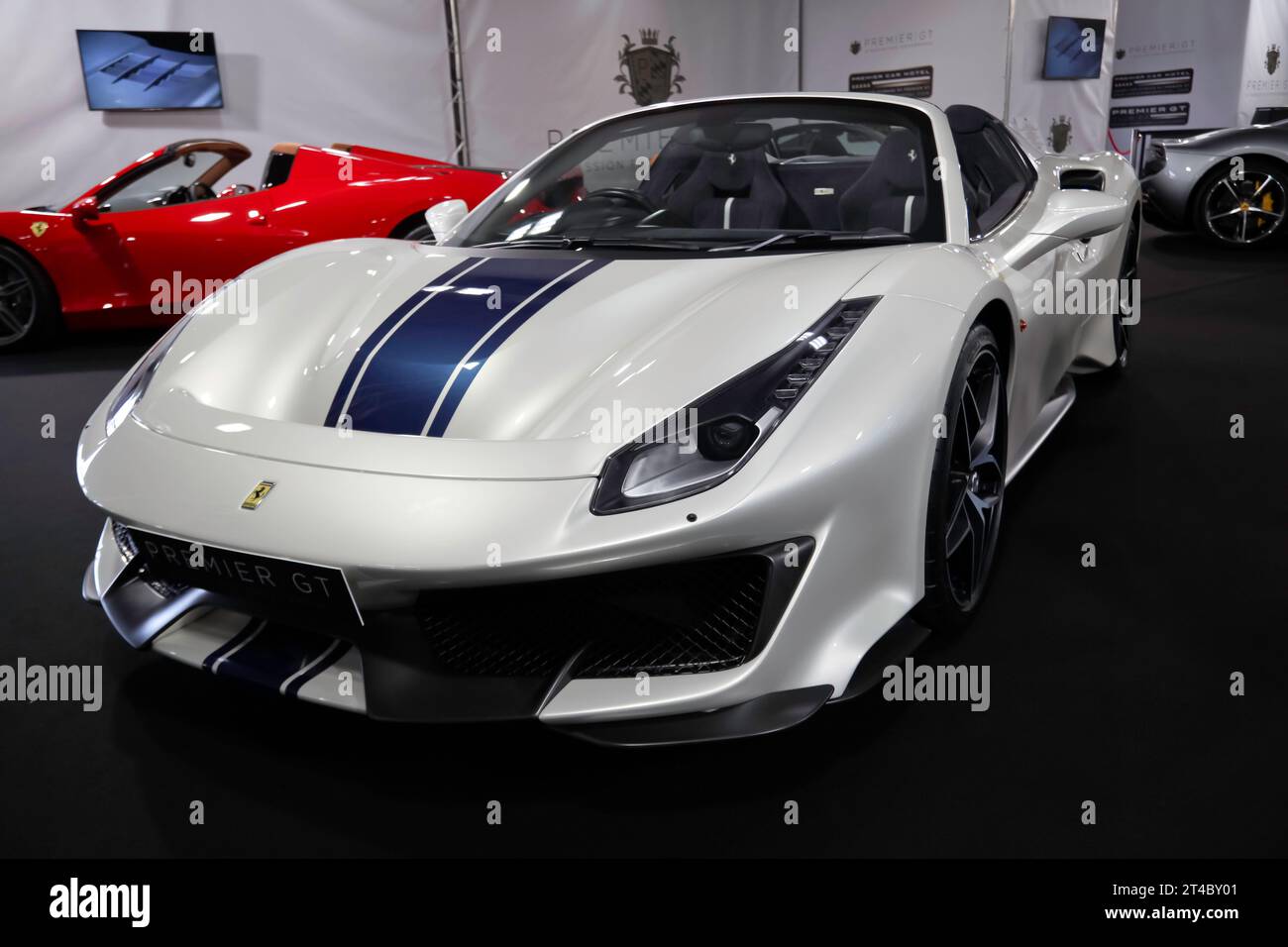 Three-quarters front view of a White, 2020, Ferrari 488 Pista Spyder ...