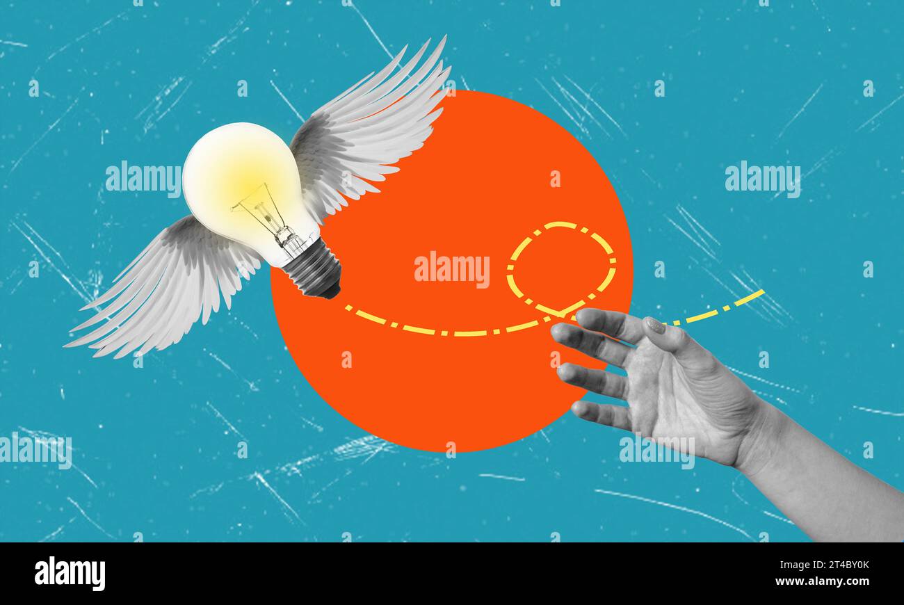 A modern artistic collage depicting a flying lightbulb with wings, a ...