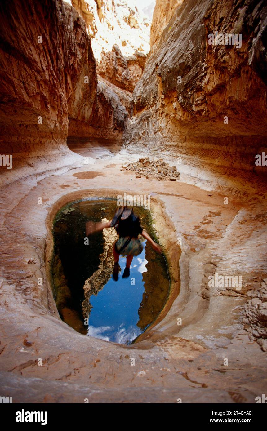 woman jumping into pool in desert canyon, Grand Canyon, Arizona Stock ...
