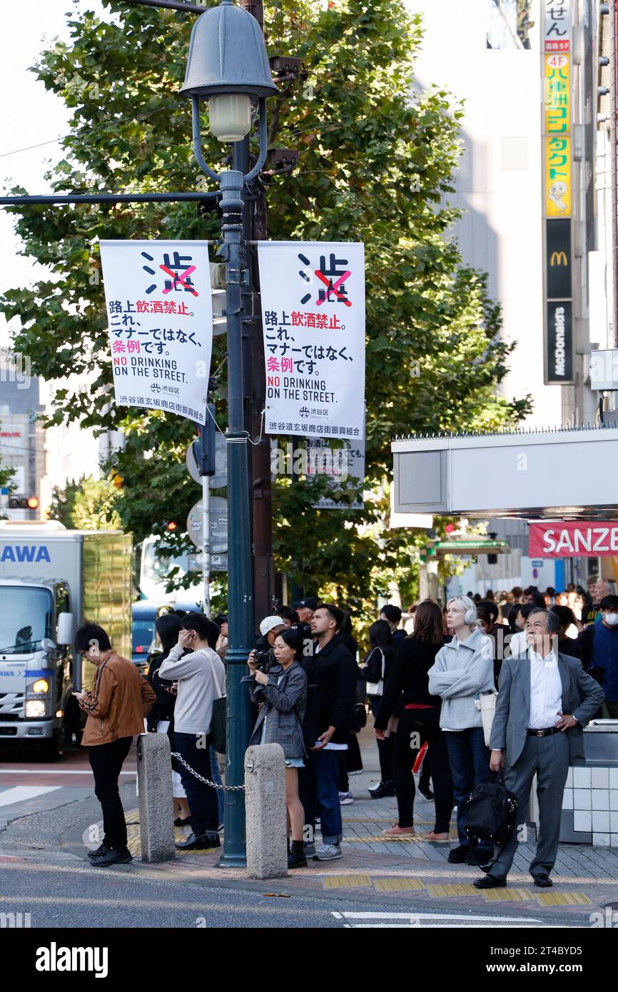 Tokyo, Japan. 30th Oct, 2023. Pedestrians walk under signboards ...
