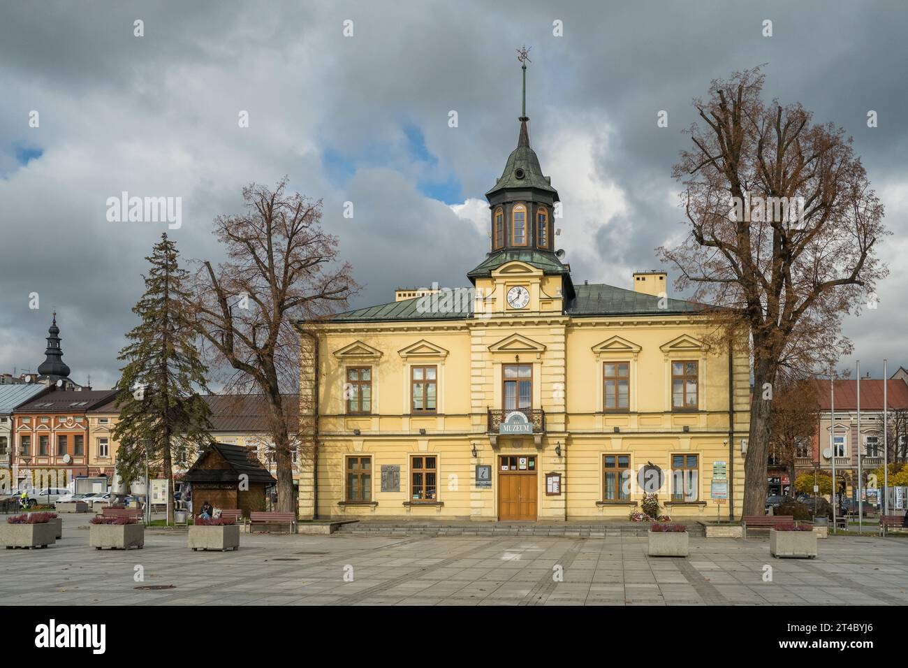 Town hall building at the main market square in Nowy Targ, Poland Stock ...