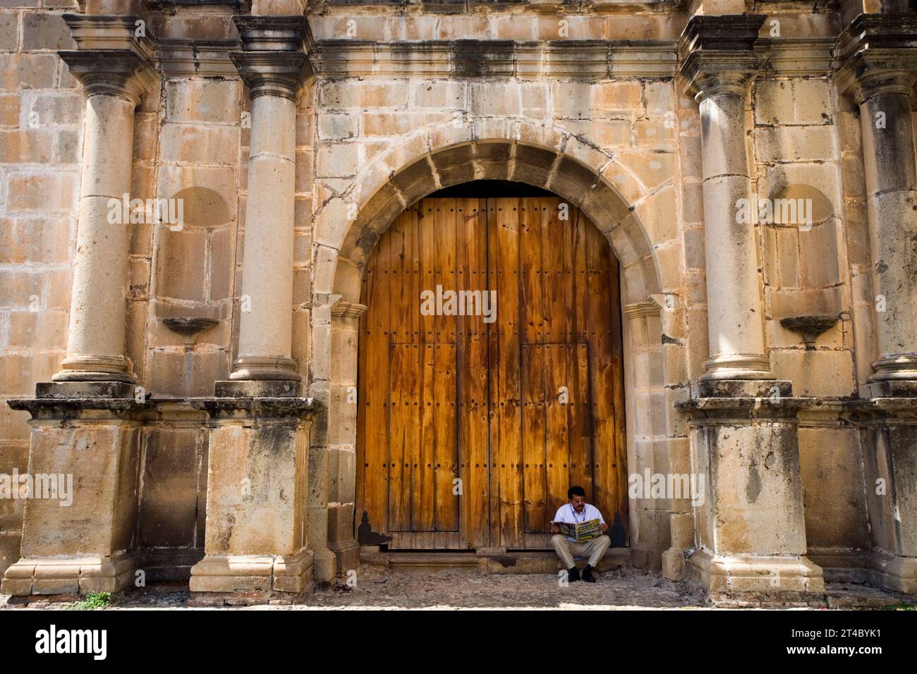 A wooden door at The ruins of Las Capuchinas convent, Antigua ...