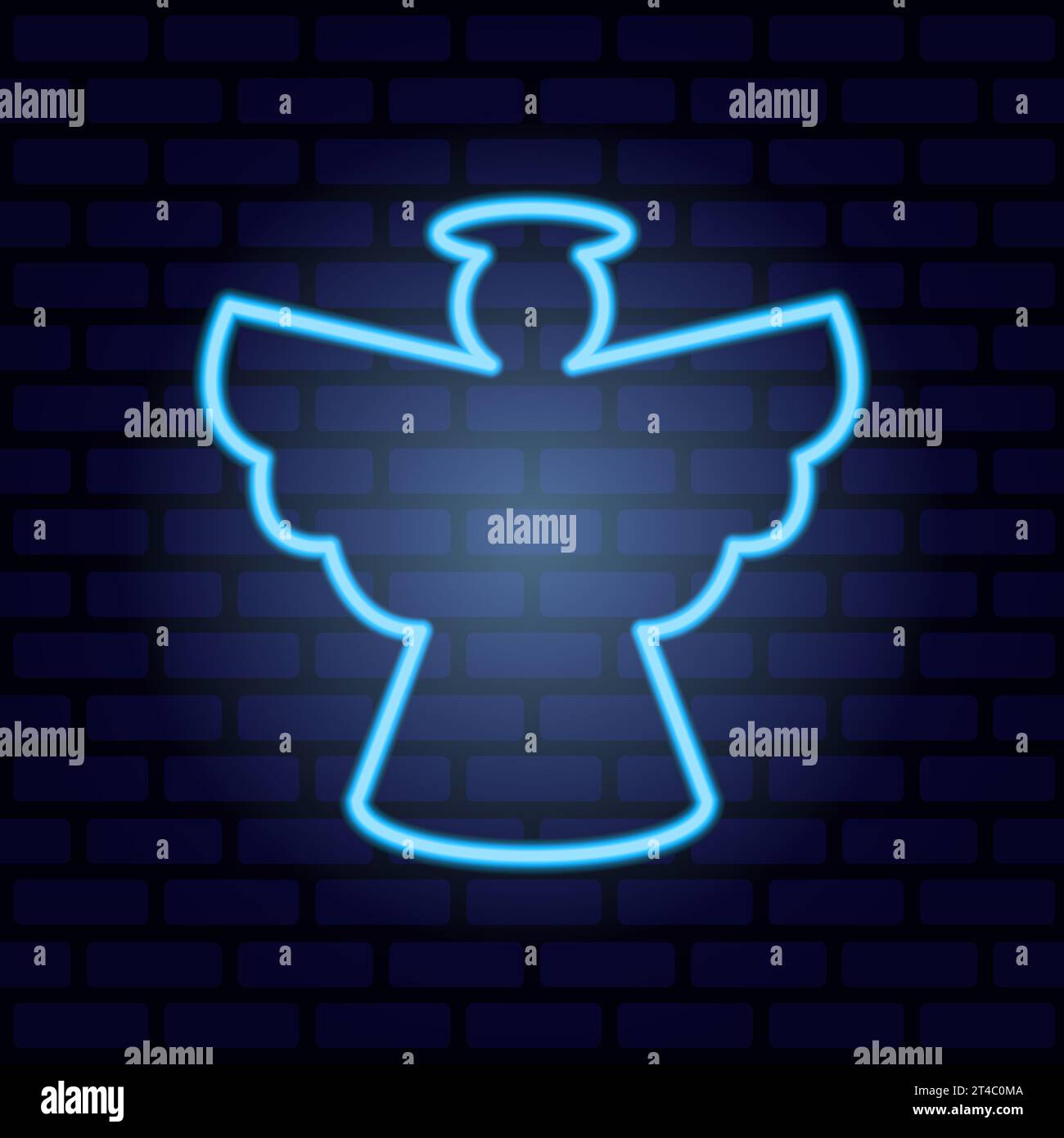 Neon blue Angel illuminated on brick wall background. Illustration ...