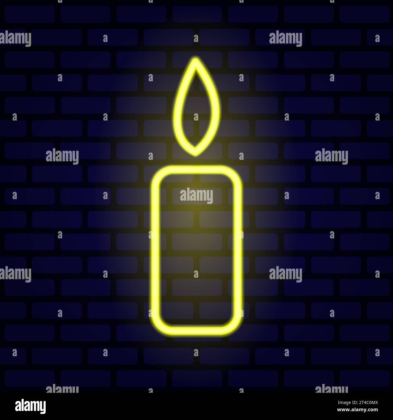 Yellow burning candle neon sign on illuminated blue brick wall ...