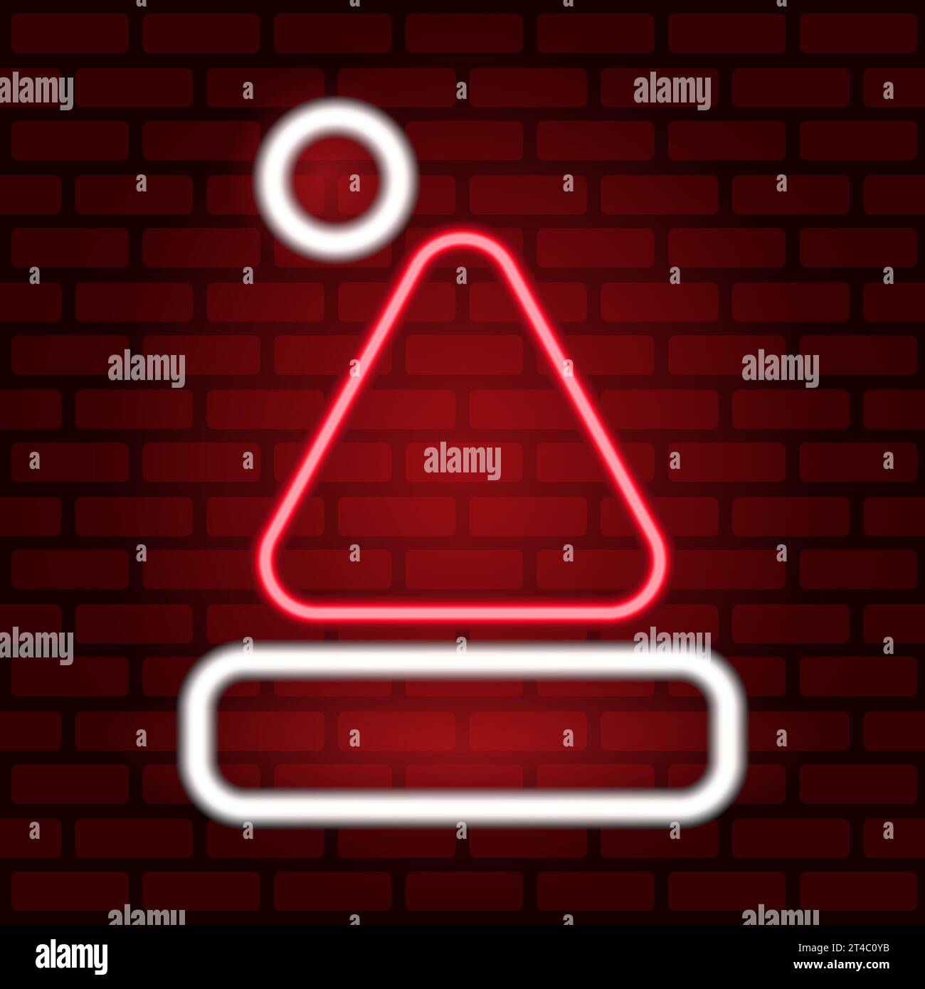 A glowing red neon Santa hat sign illuminated on a red brick background ...