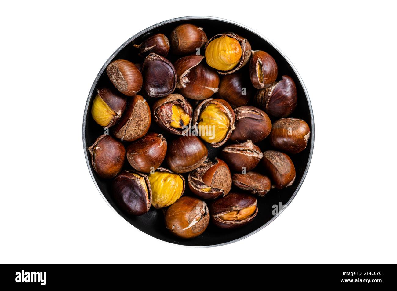 Roasted chestnuts nuts in a pan. Isolated on white background Stock ...