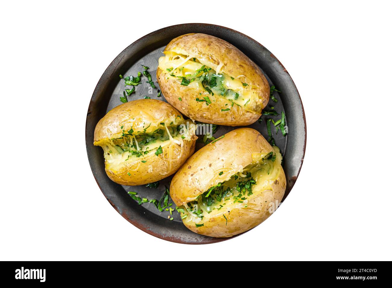 Baked Jacket potatoes with cheese, herbs and butter. Isolated on white ...
