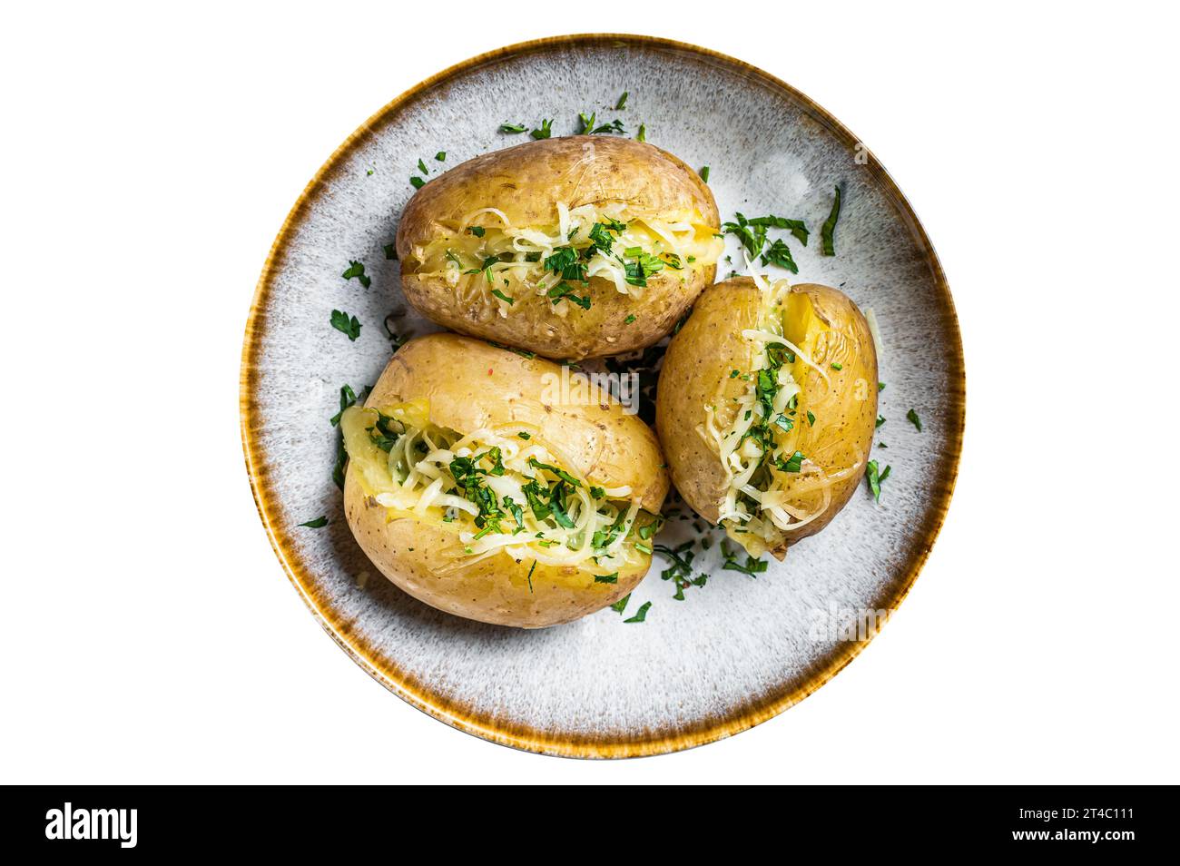 Baked Jacket potatoes with cheese and butter. Isolated on white ...
