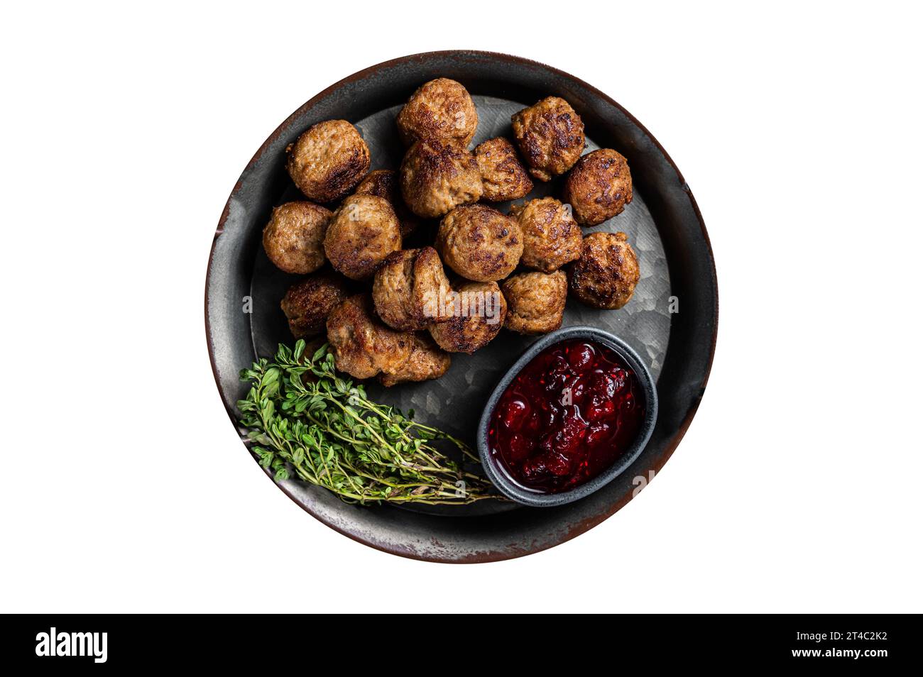 Homemade Swedish meatballs with lingonberries jam. Isolated on white ...