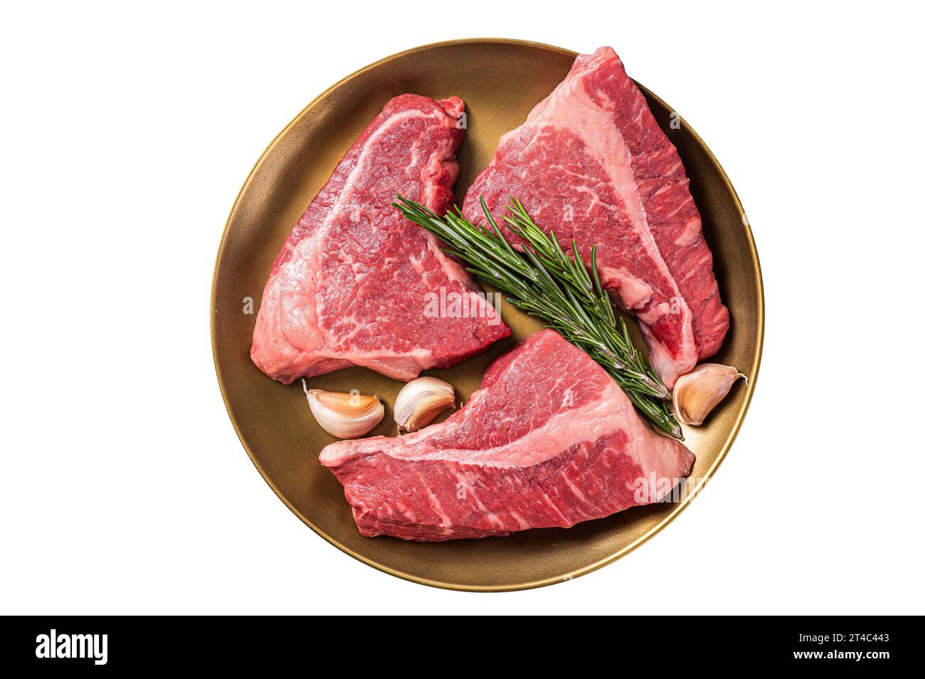 Raw Topside sirloin beef cut on steel plate with spices. Isolated on ...