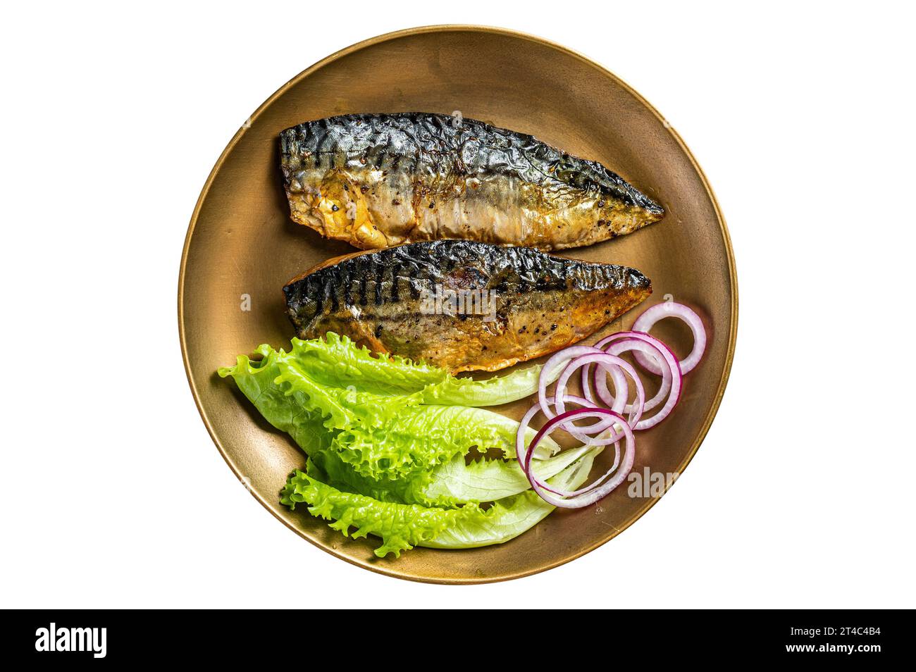 Grilled mackerel scomber fish fillets with garnish in a plate. Isolated ...