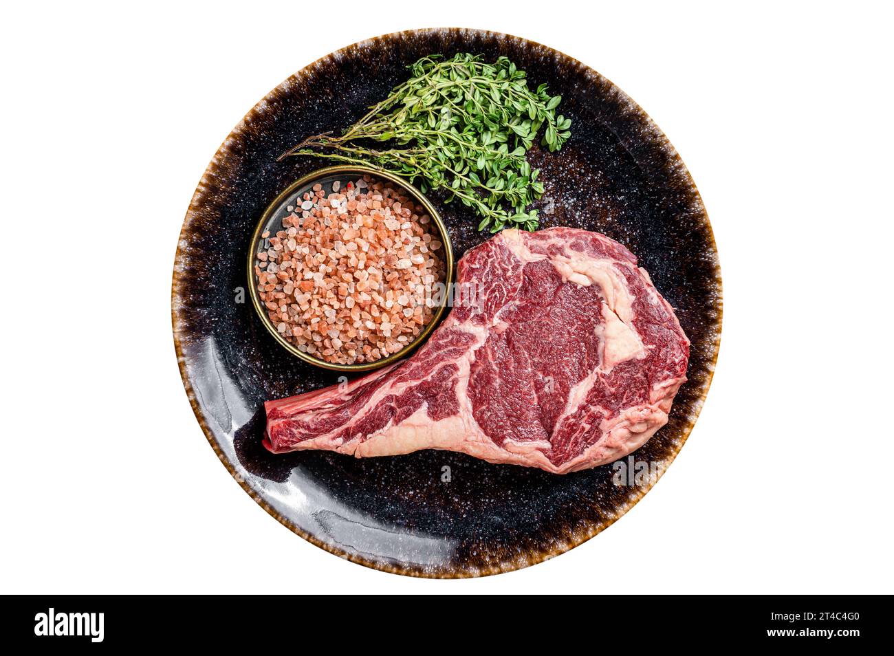 Raw prime cowboy or rib eye steak, dry aged beef meat. Isolated on ...
