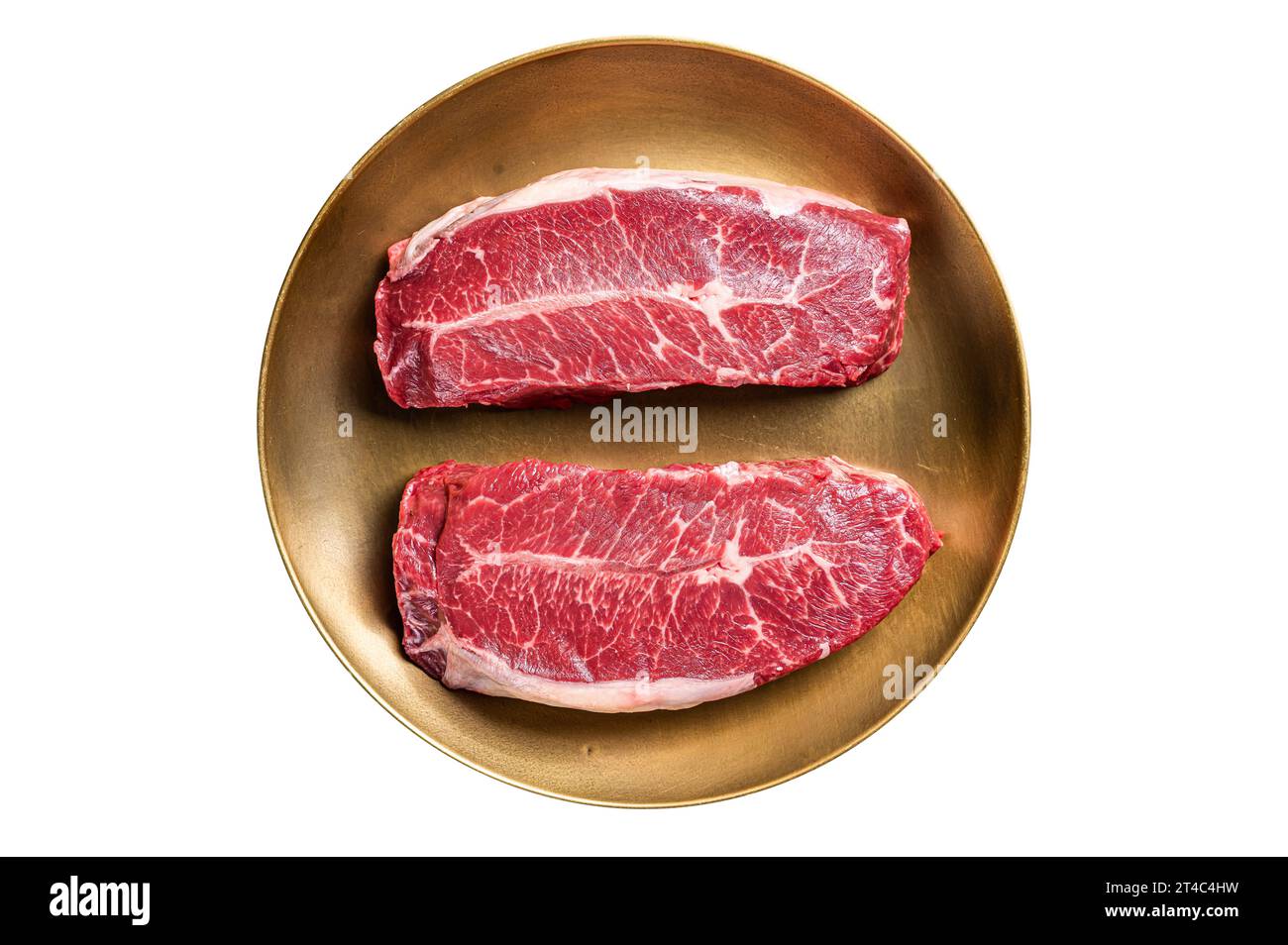 Raw Shoulder Top Blade beef meat steaks on a plate. Isolated on white ...