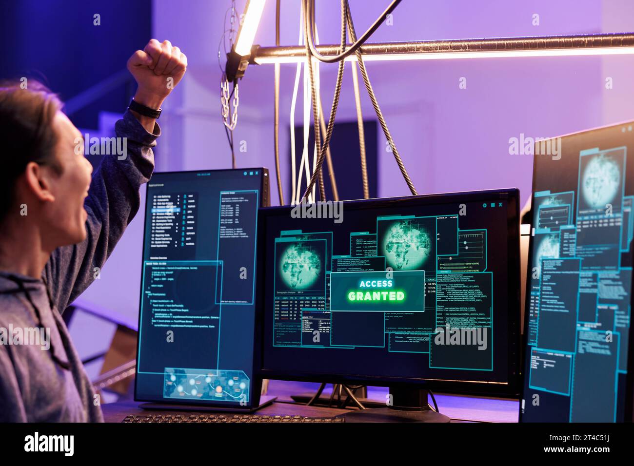Hacker celebrating access granted to computer system and doing illegal activities. Young asian ...