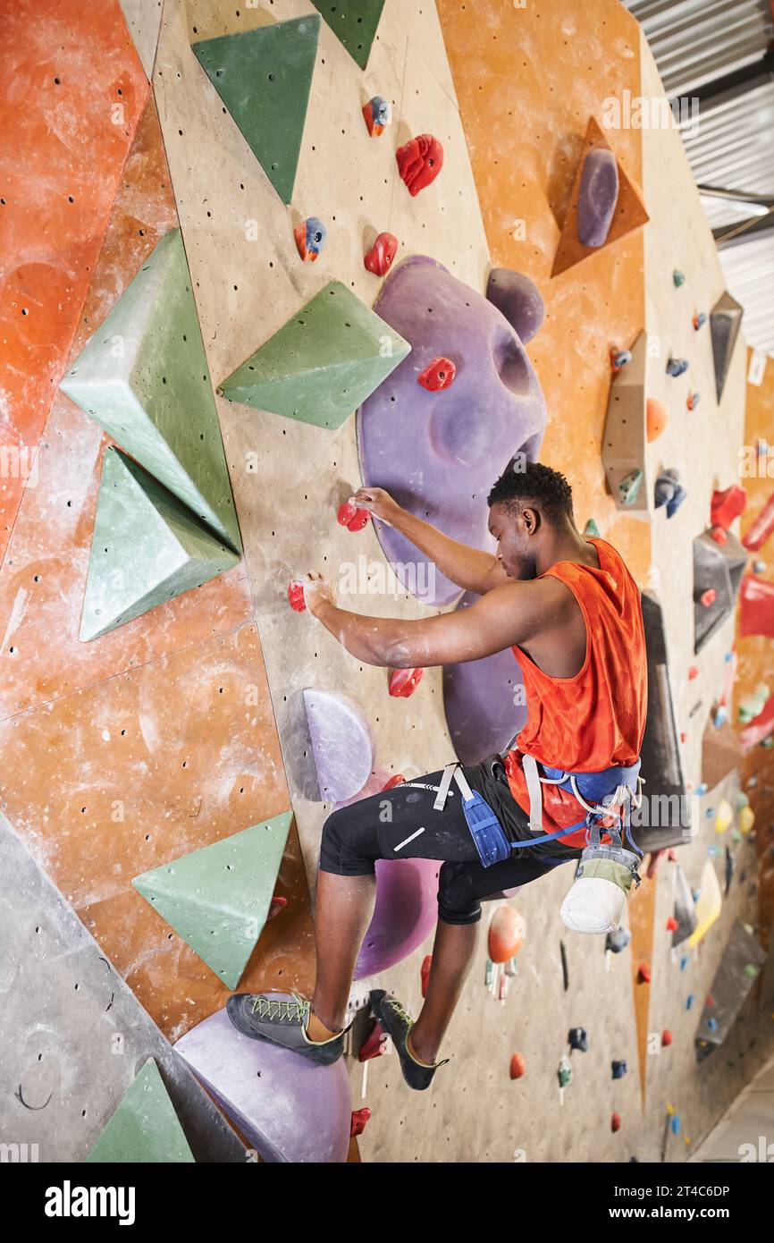 vertical shot of sporty african american man with alpine harness ...