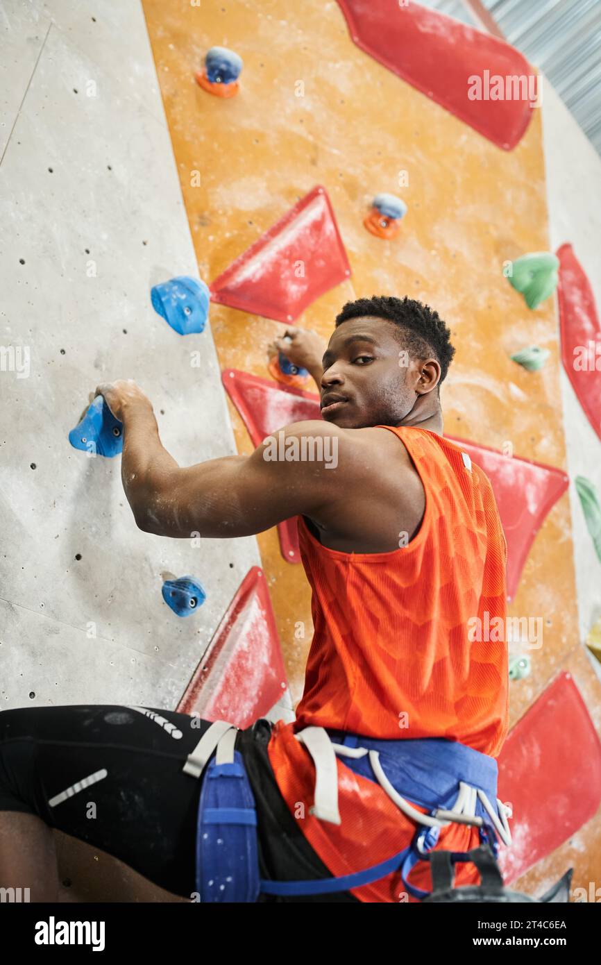 vertical shot of handsome african american man with alpine harness ...