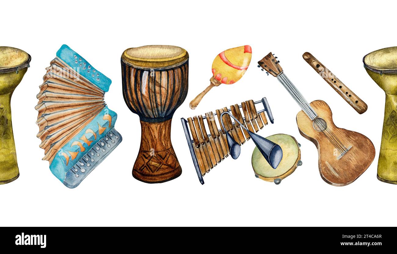 Watercolor drawn musical instruments isolated on white background ...