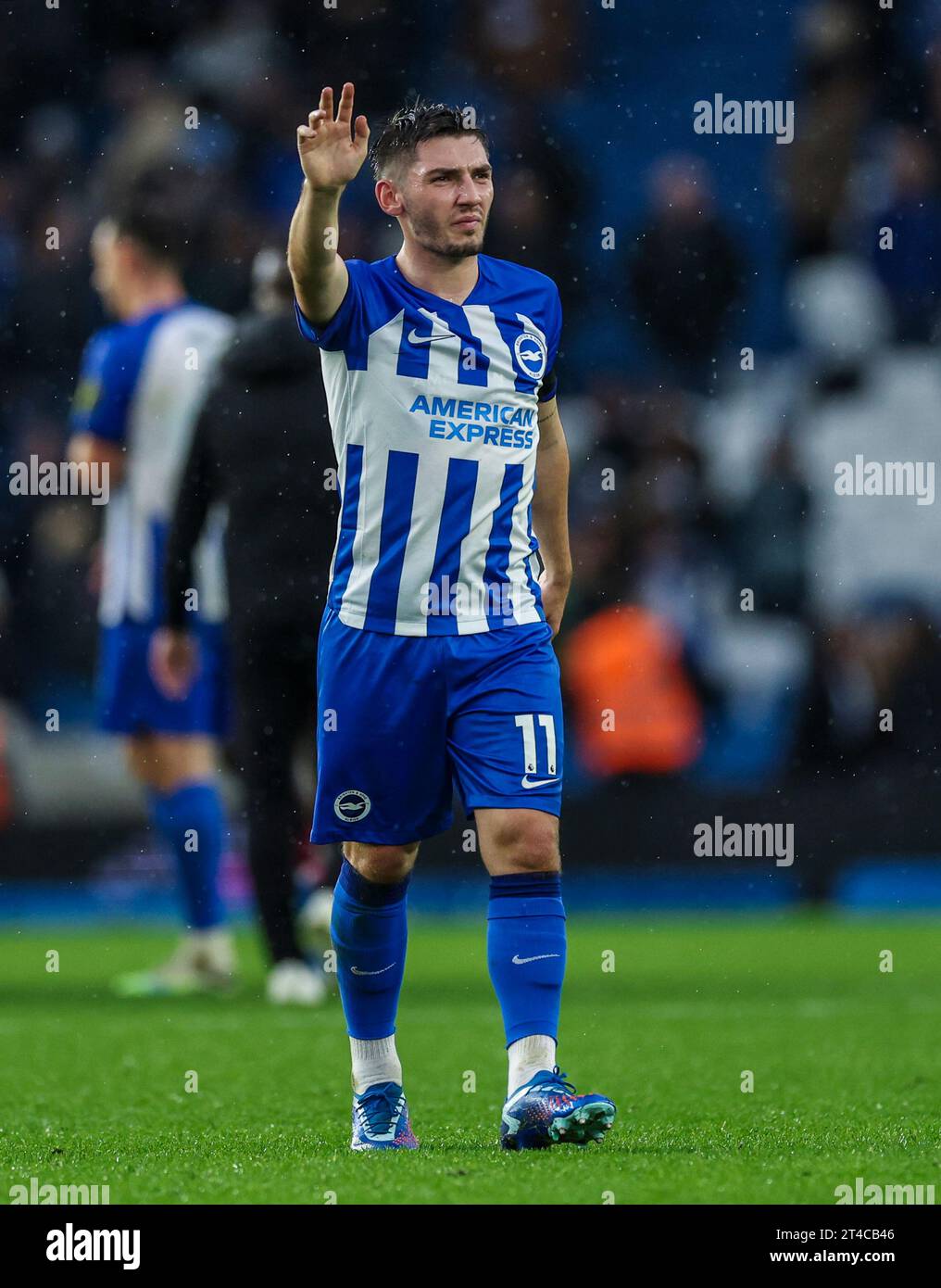 Brighton and Hove Albion's Billy Gilmour waves to the fans at the end ...