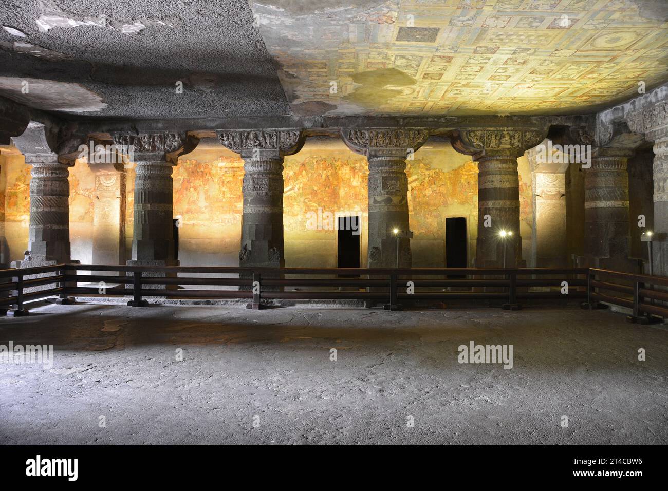 Cave No. 1. Left wall showing decorative pillars and Mahajanaka Jataka ...
