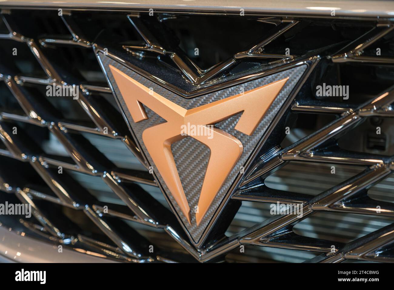 Cupra electric car logo emblem close up Stock Photo - Alamy