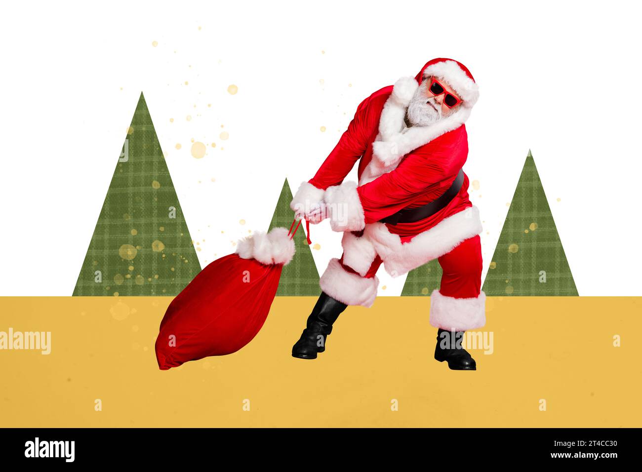 Template graphics collage image of tired funky santa dragging christmas ...