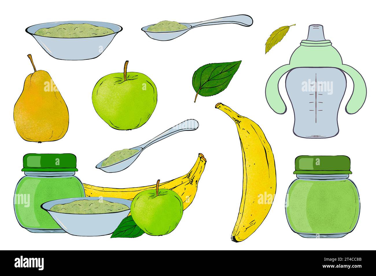 Set of Baby food elements. Colored complementary foods for infants ...