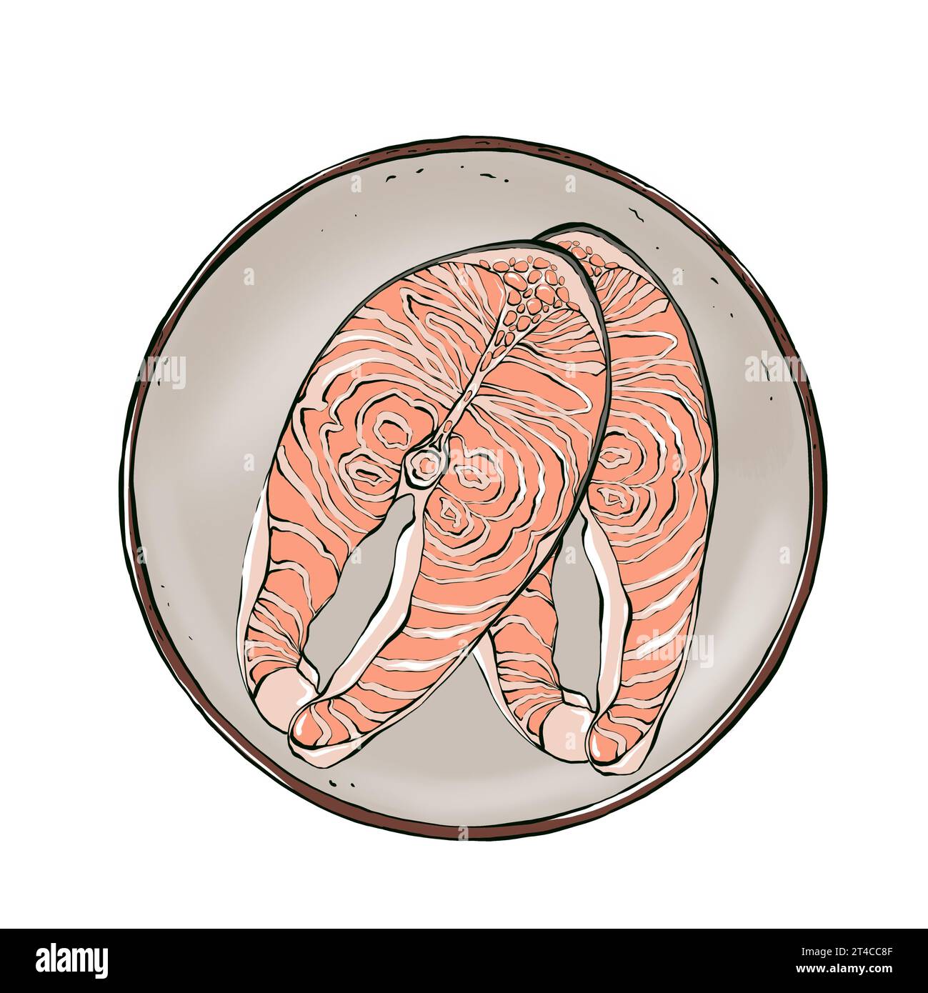 Salmon steaks on a ceramic plate in sketch style. Isolated on white ...