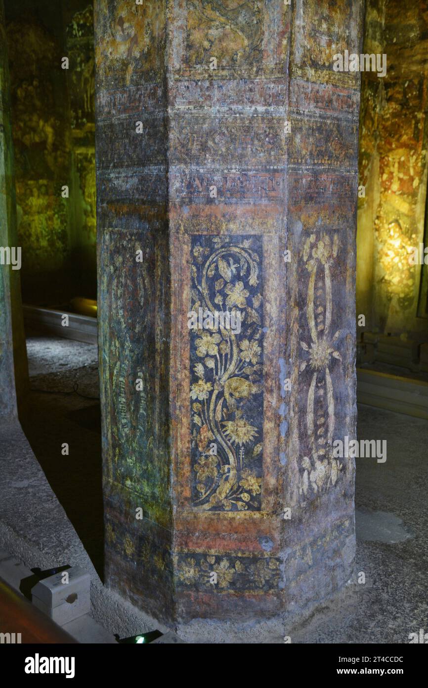 Cave No 17. Lower portion of a pillar of the main hall showing painting ...