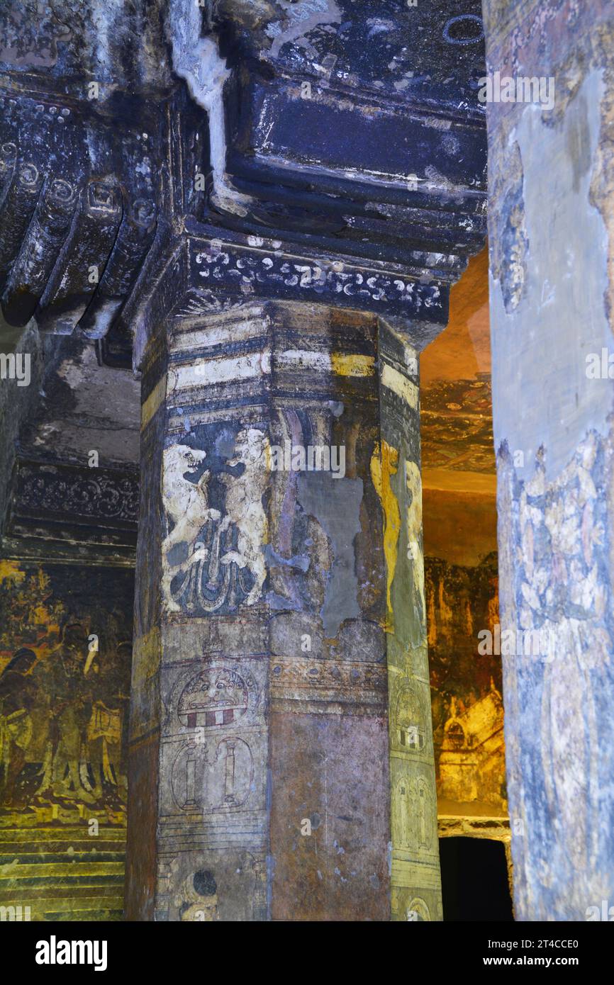 Cave No. 17. Stabilized painted lions on one of the pillar in the main ...