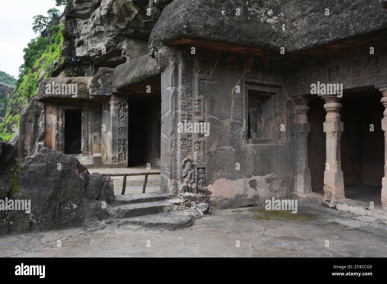 Cave No. 27. General-View of left wing of Cave 26 and lower 27. Ajanta ...