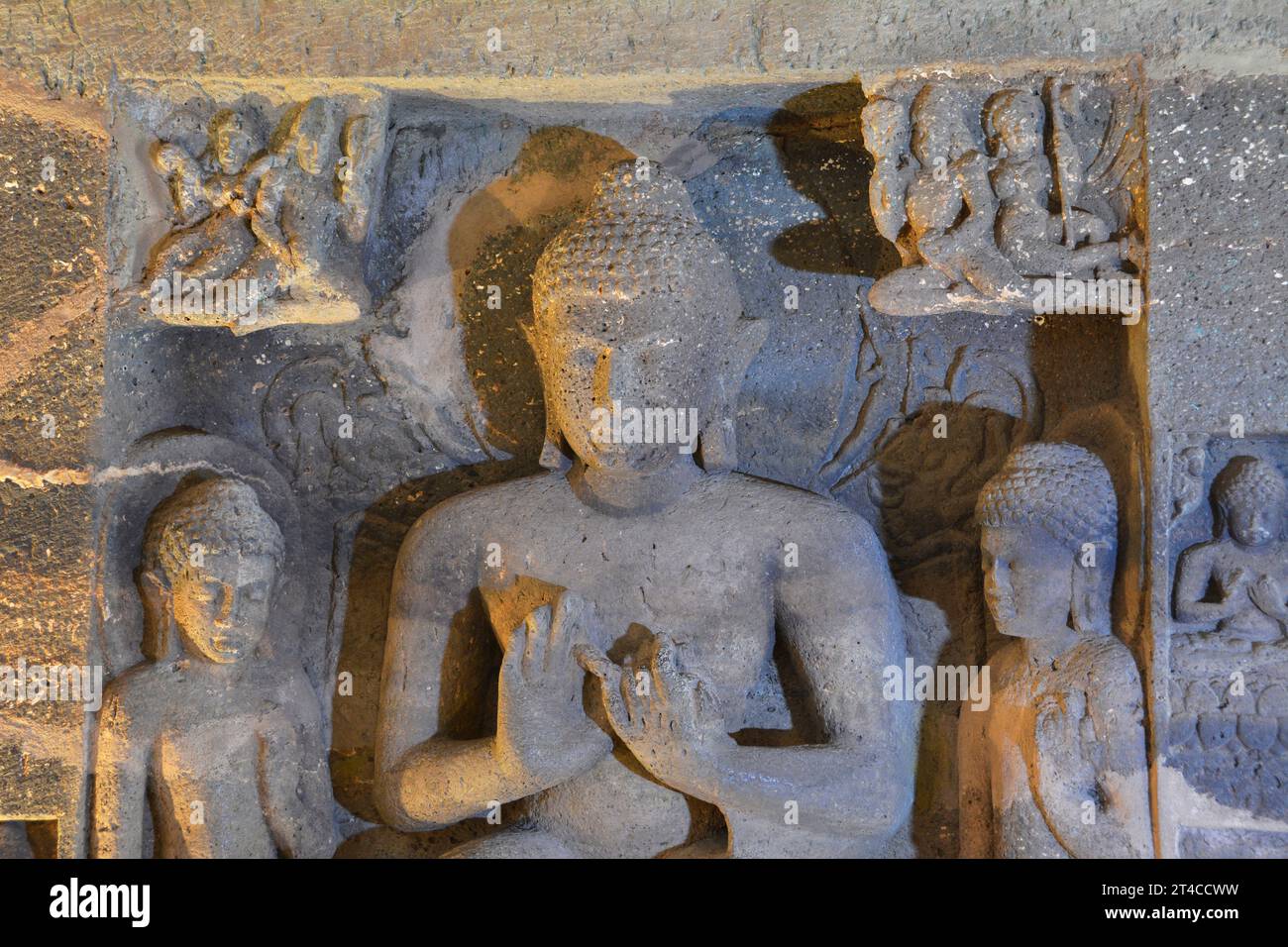 Cave No. 26. One of the panel in the right aisle showing Buddha with ...