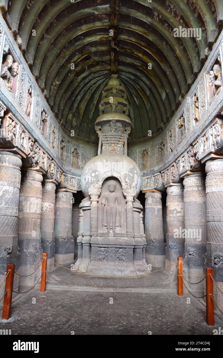Cave No. 19. Chaitya showing Stupa with triple umbrella in the Nave ...