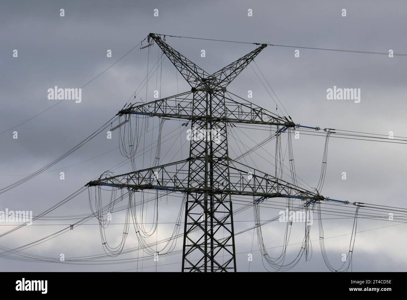 high-voltage pylon, power line being rewired, Germany Stock Photo - Alamy