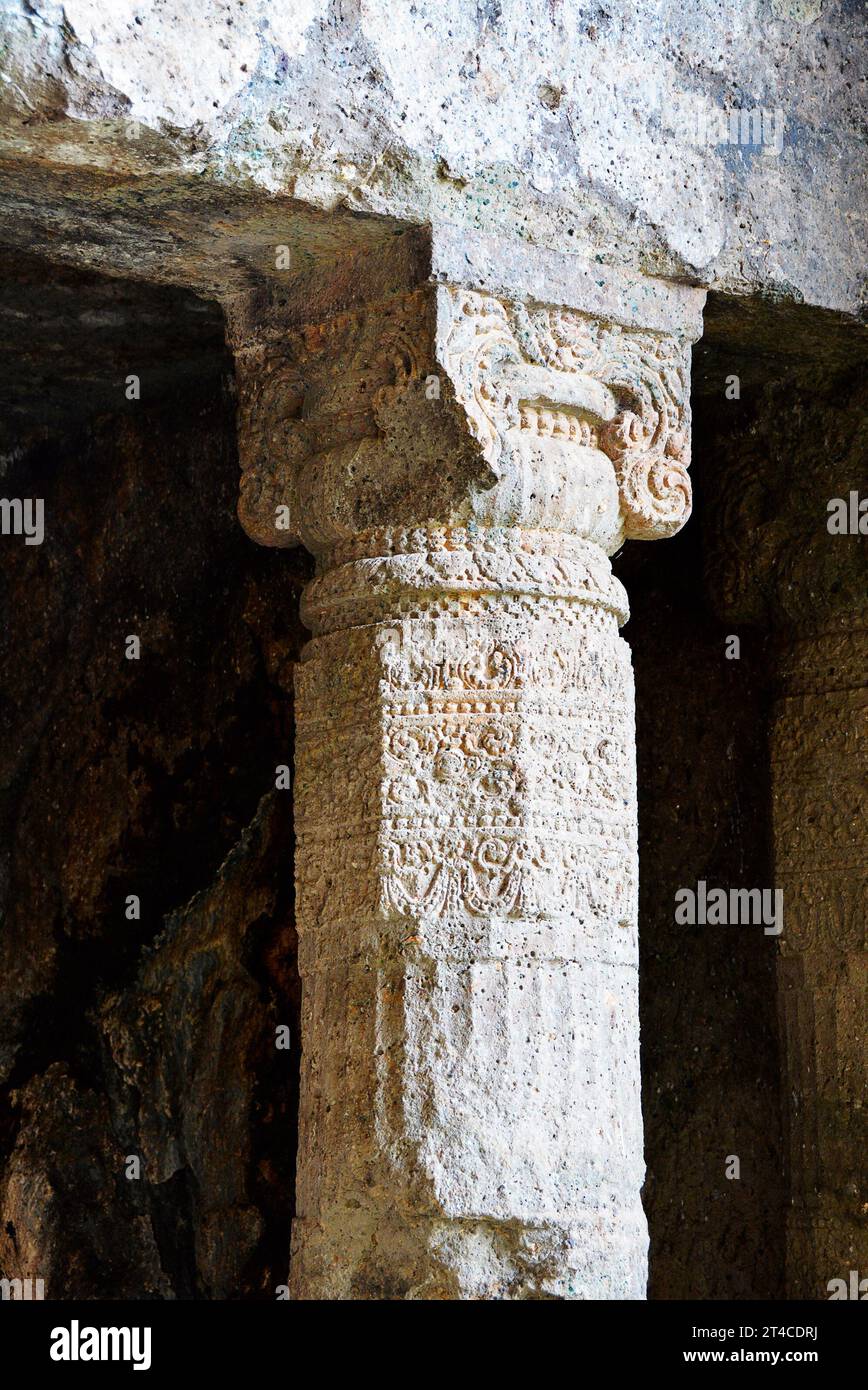 Ghatotkacha Vihara - Decorative pillar on the left of porch showing ...