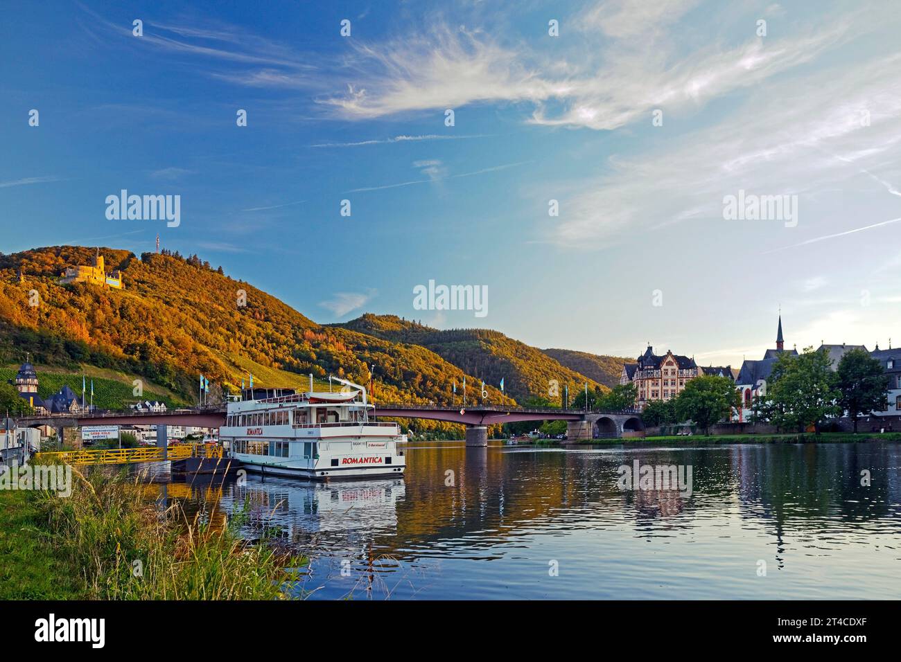 Moselle with Landshut Castle in the evening light, Germany, Rhineland ...