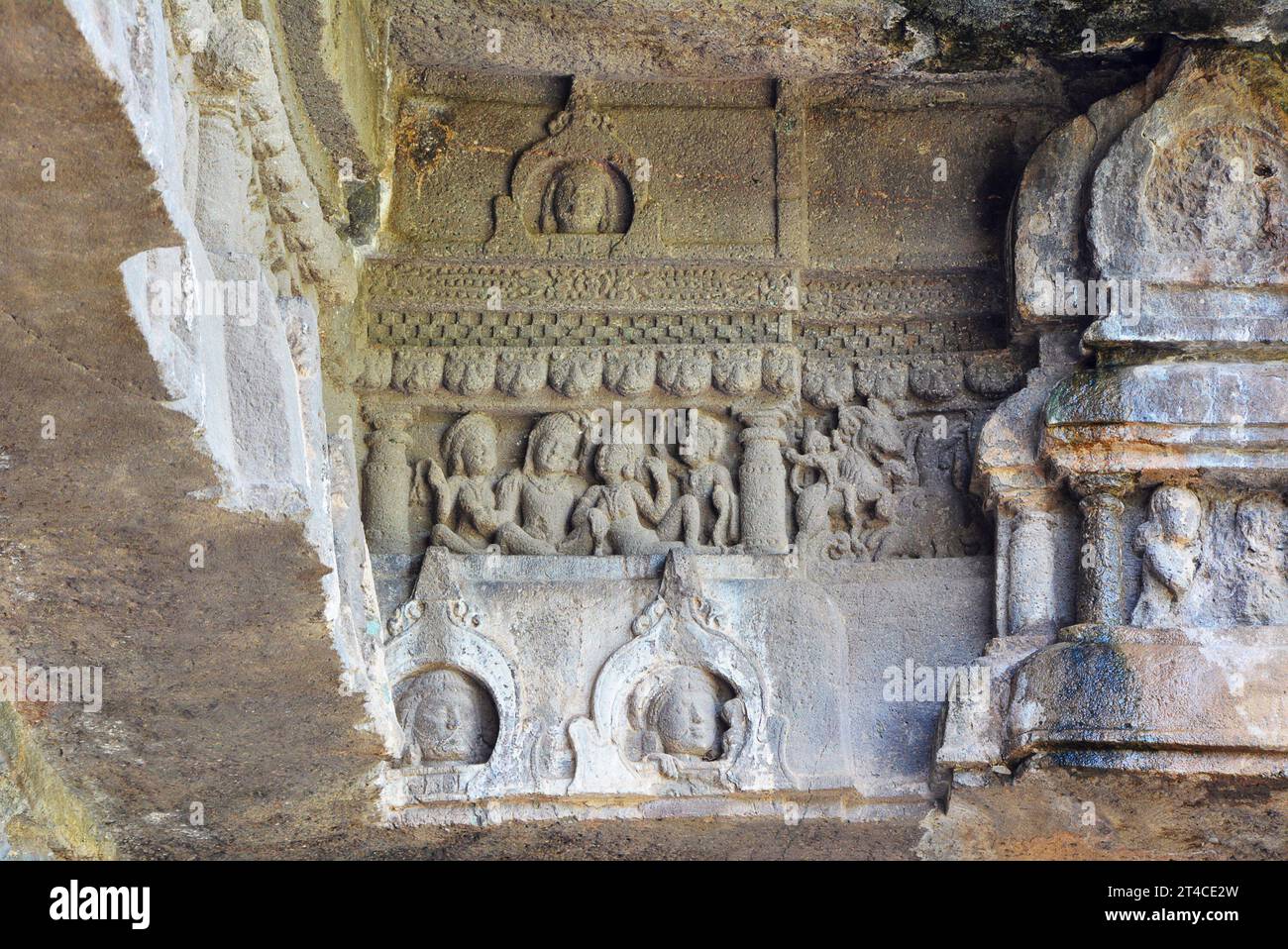 Cave No. 1. Loving couple with attendants on the left façade. Ajanta ...