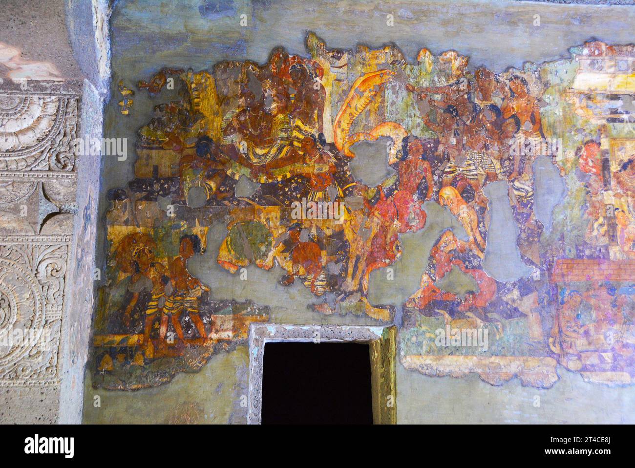 Cave No. 1. Sankhapala Jataka, the serpent King is dragged along by ...