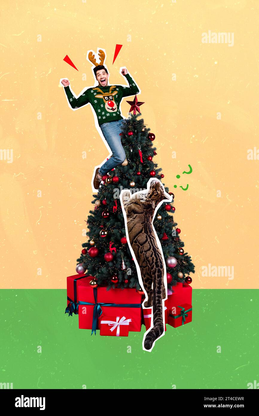 Vertical collage of delighted funky guy climb evergreen tree raise ...