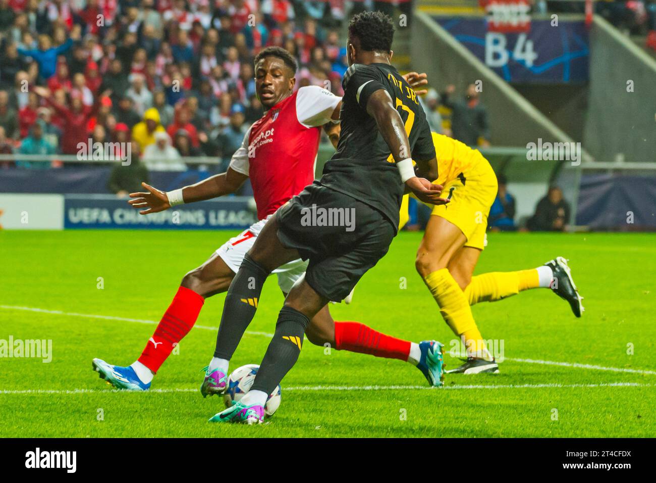Vini JR dribbling Joe Mendes during the UEFA Champions League 2023/2024 ...