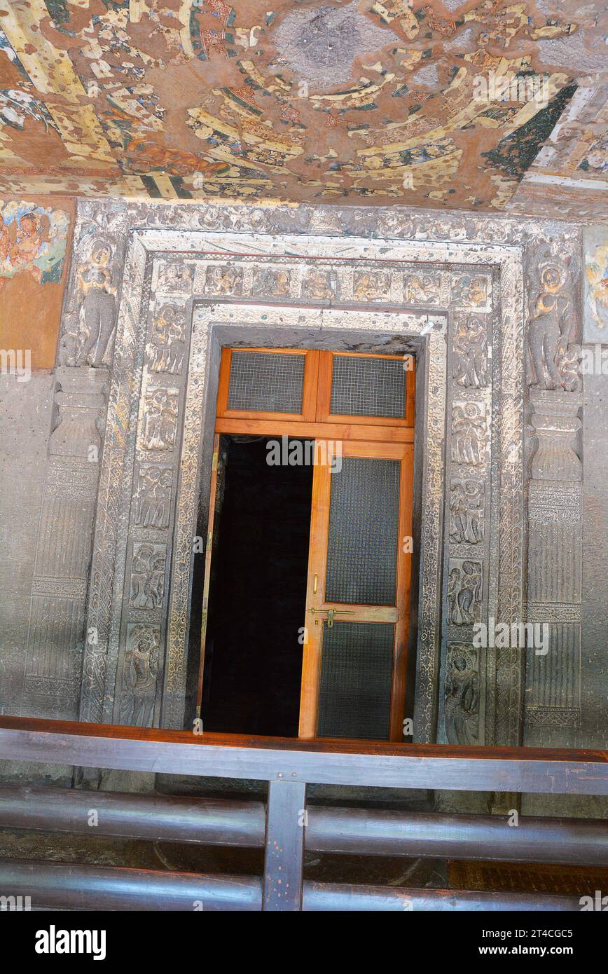 Cave No 2. Main doorway, highly elaborate with loving couples and tree ...