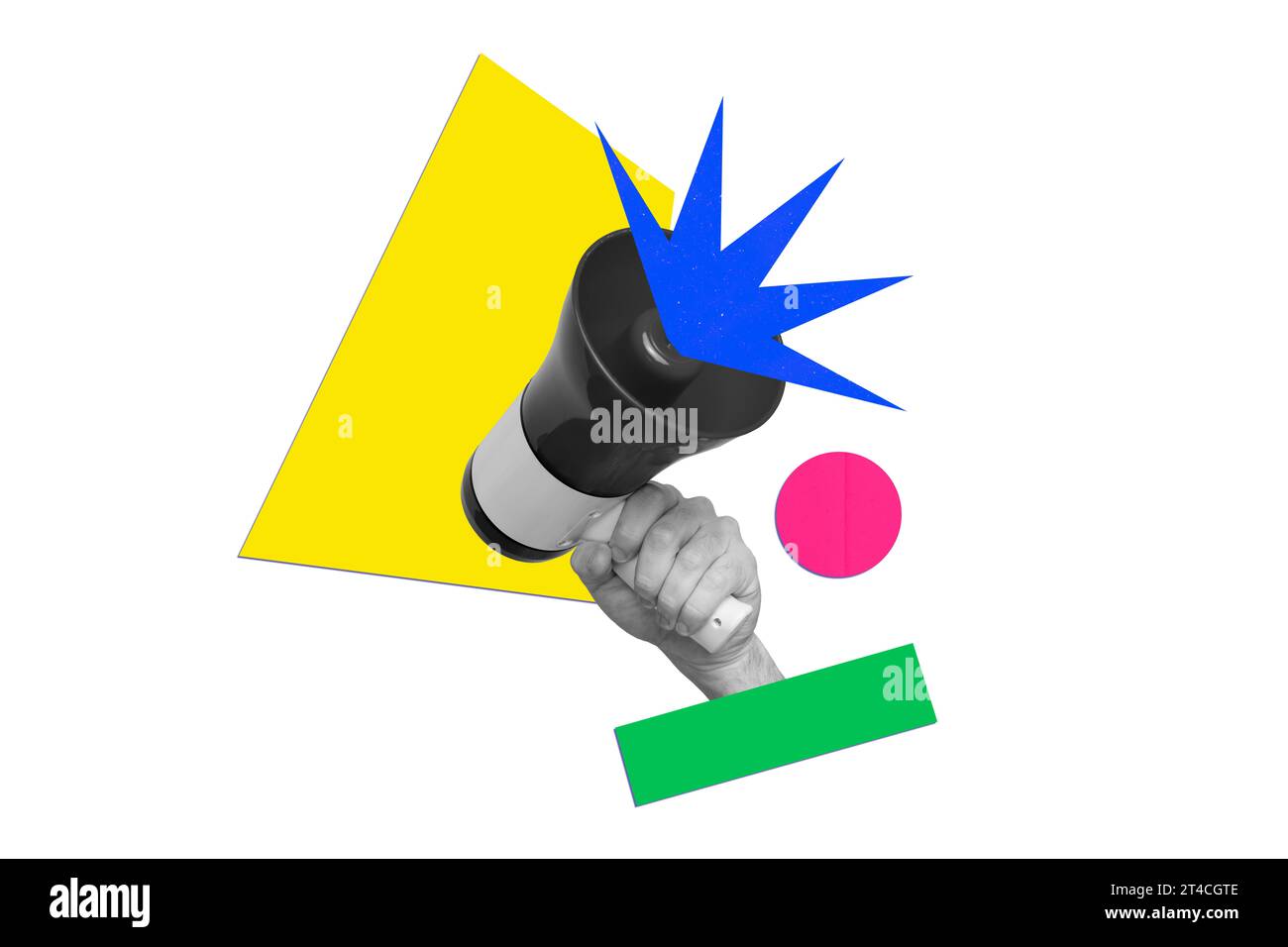 Abstract creative artwork template collage of hand arm holding rising bullhorn isolated white ...