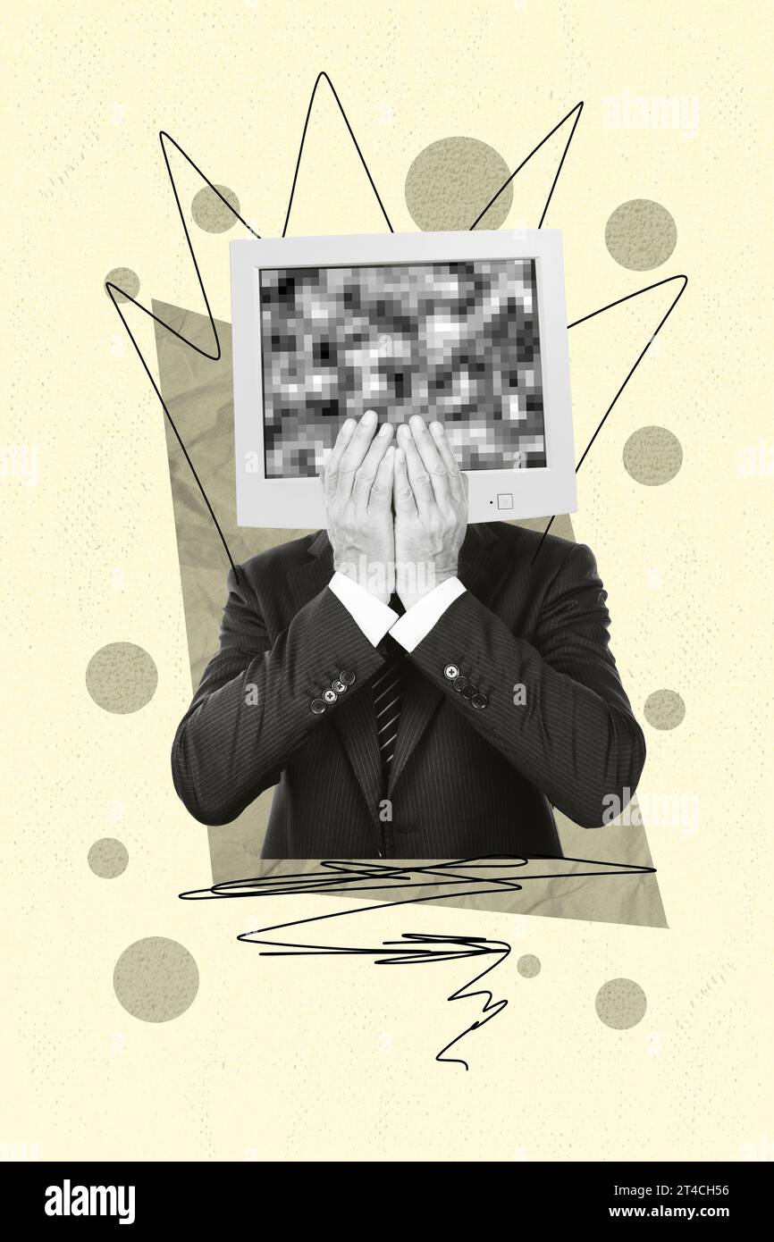Vertical collage of elegant black white effect person pc display ...