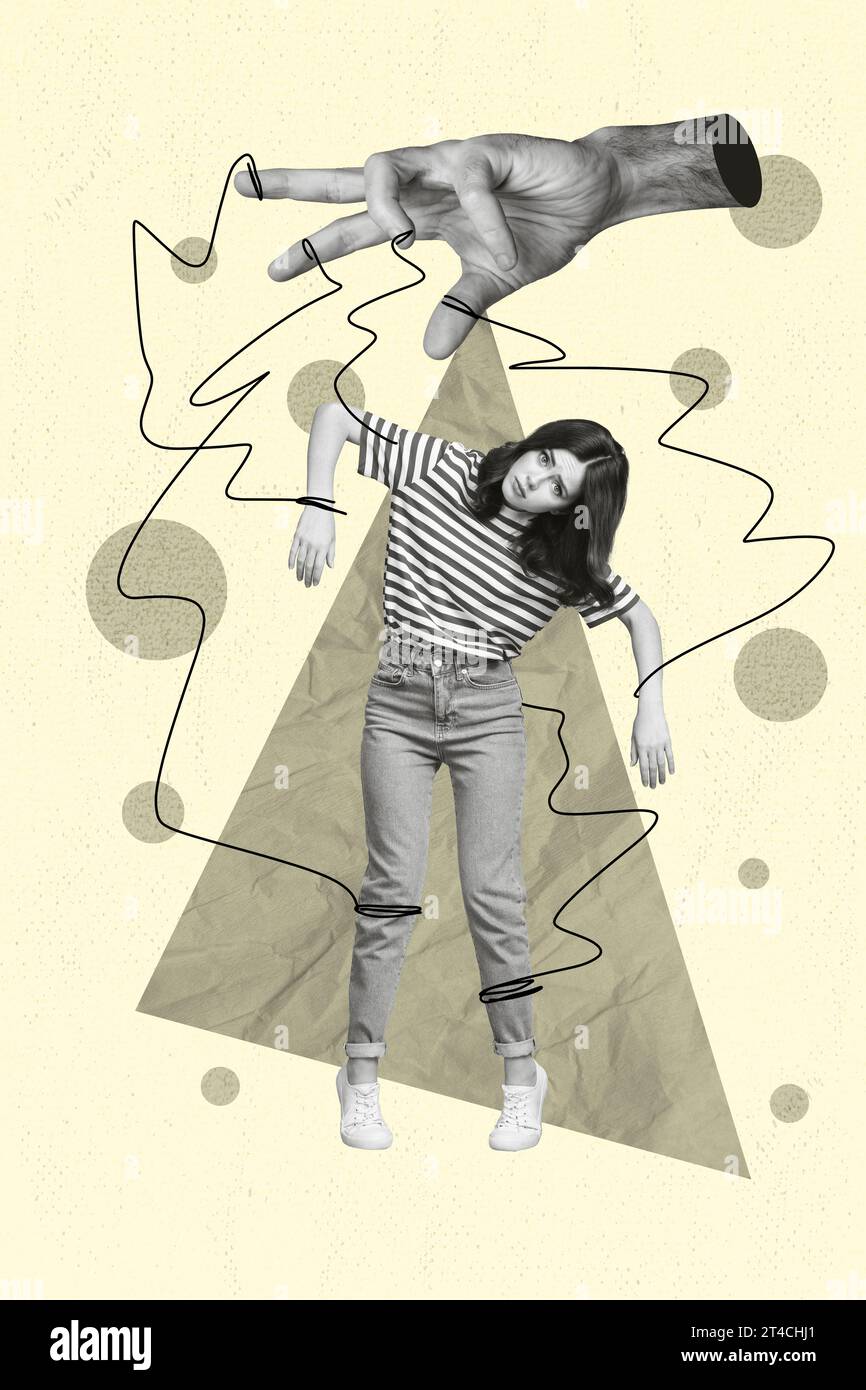 Vertical collage image of big black white effect arm fingers hold tied ...
