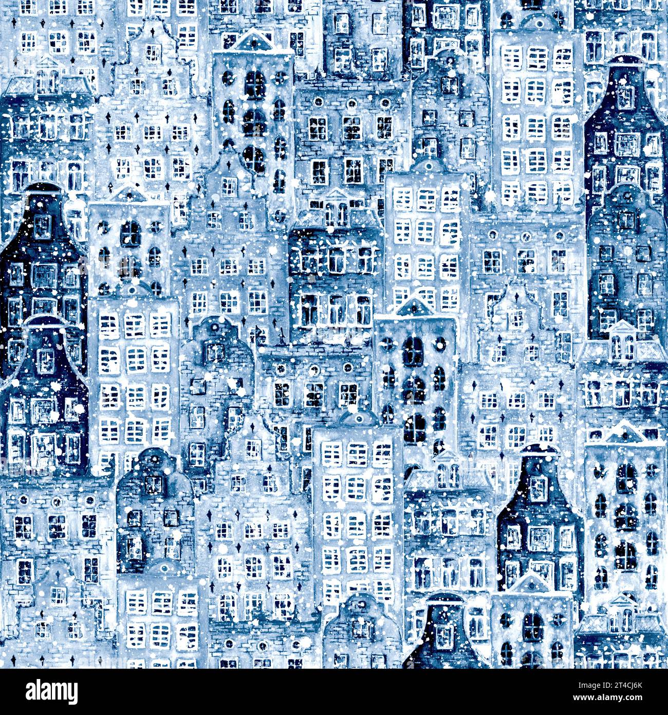 Winter old europe city houses. Seamless pattern of watercolor colorful ...
