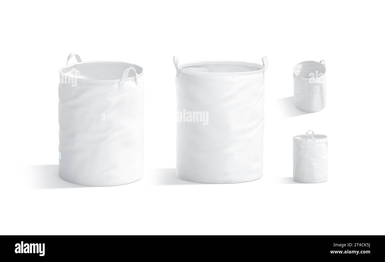Blank white laundry hamper bag mockup, different views, 3d rendering ...