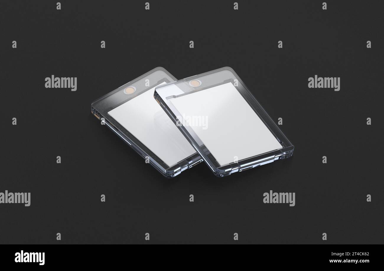 Blank transparent plastic magnetic trading card mockup, dark background ...